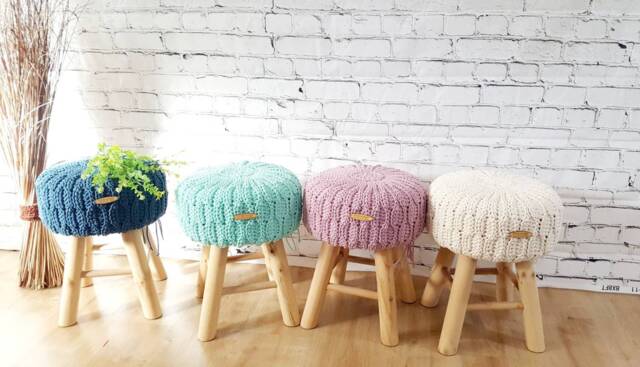 Footstool With Crocheted Cover Made Of Cotton, Natural Seating Comfort ...