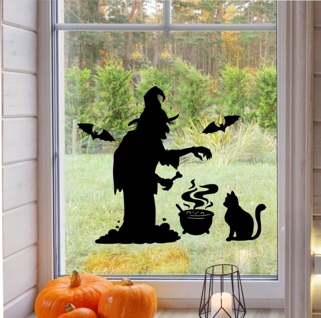 Witch Cat Bats Sticker Halloween Vinyl Decal Window Wall Decoration ...