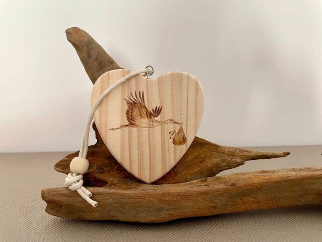 Pendant Stork For Birth & Baptism - Personalized Pyrography On Wood by ...