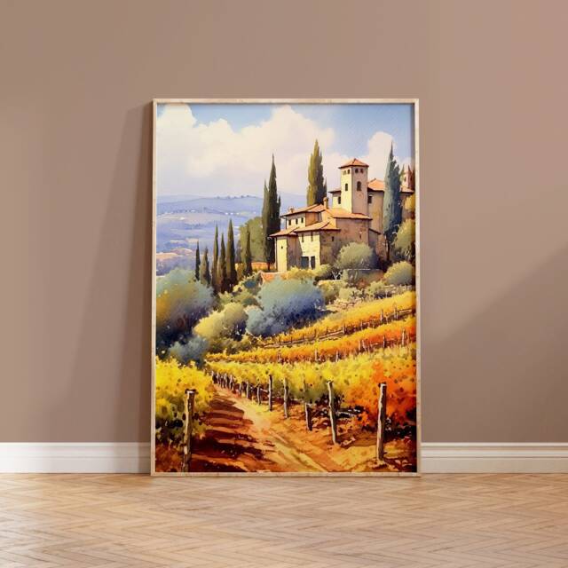 Tuscany Vineyard Watercolor Art Print Italian Landscape Wall Decor by ...