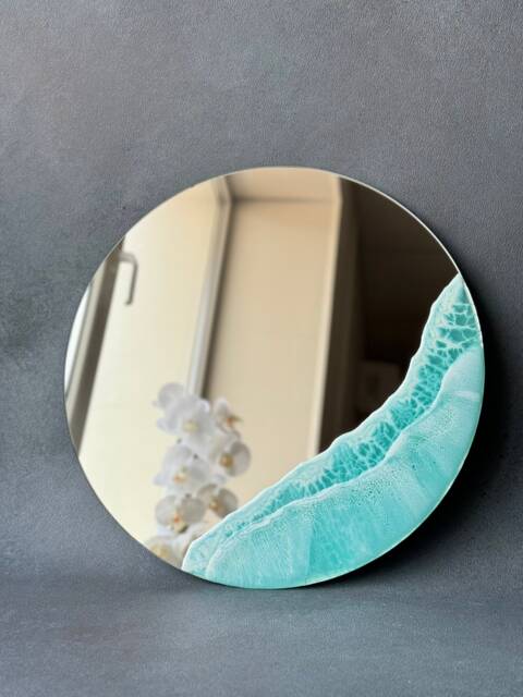 Turquoise Mirror Wall Decor, Resin Wave Art, Vanity Mirror, Handmade ...
