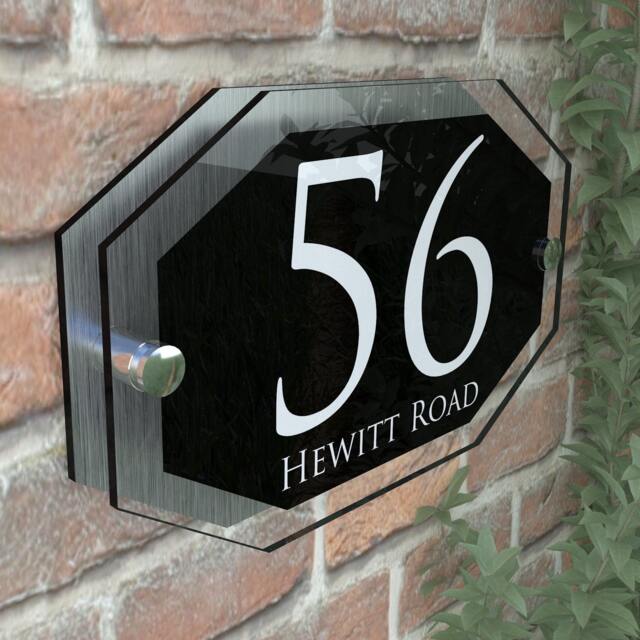 Modern Clear Acrylic House Sign Brushed Aluminium Door Number Name Road ...