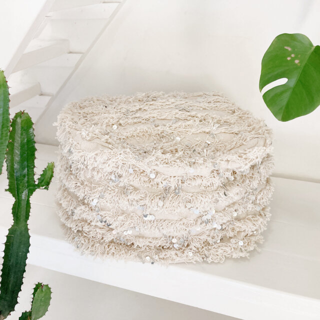 Sequin Shaggy Cream Tufted Moroccan Pouf Cover Ottoman Footstool Pouffe ...