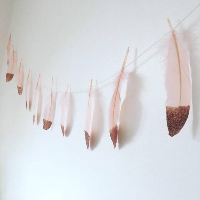 Feather Garland, Bunting, Nursery Boho Pink Feathers, & Gold, Nursery ...