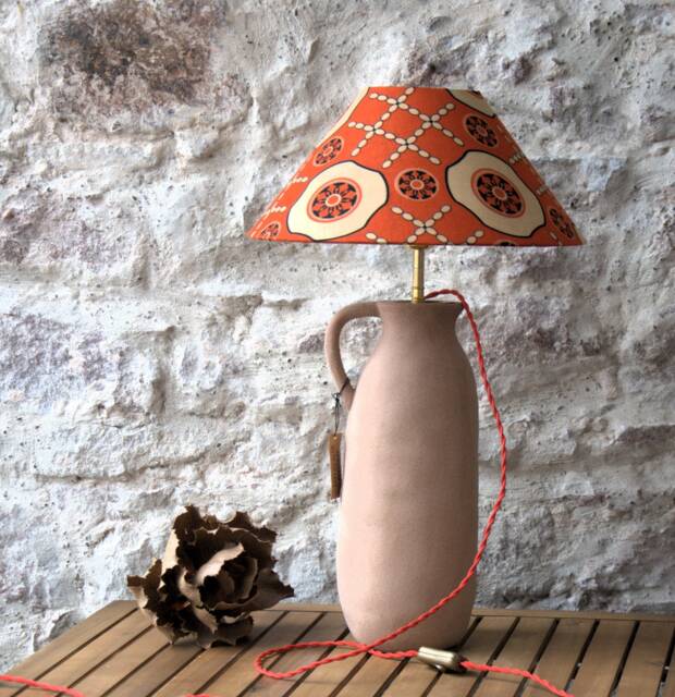 Ochre Clay Jar Table Lamp & Conical Lampshade With Floral Pattern ...