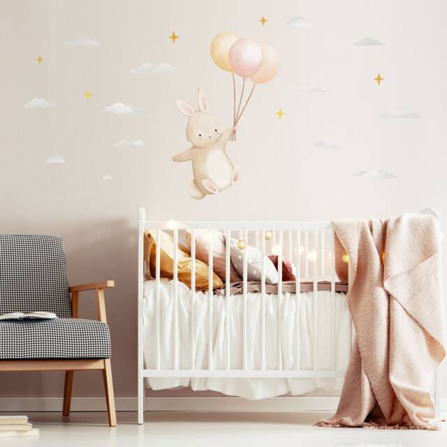 Flying Bunny With Balloons Wall Decal, Plastic-Free Kids Room Wall ...