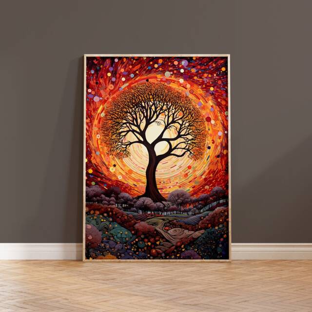Red Wall Art Print Abstract Tree Collage Mosaic Nature Decor Night ...