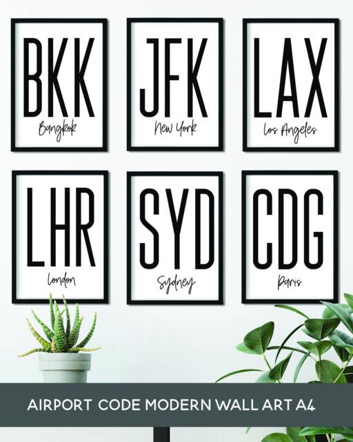 Modern Wall Art Prints Airport Codes Customised Black White Bathroom Kitchen Home Pictures ...