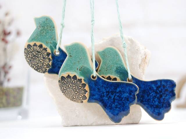 Turquoise Ceramic Bird Wall Decor Set Hand-Glazed Spring Ornaments by ...