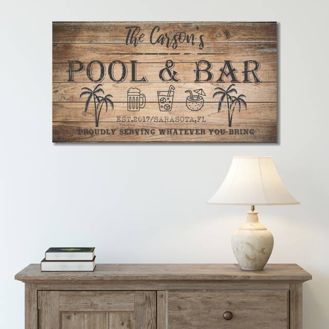 Pool & Bar Sign - Personalized Bar Wall Art Custom Wood Background ...