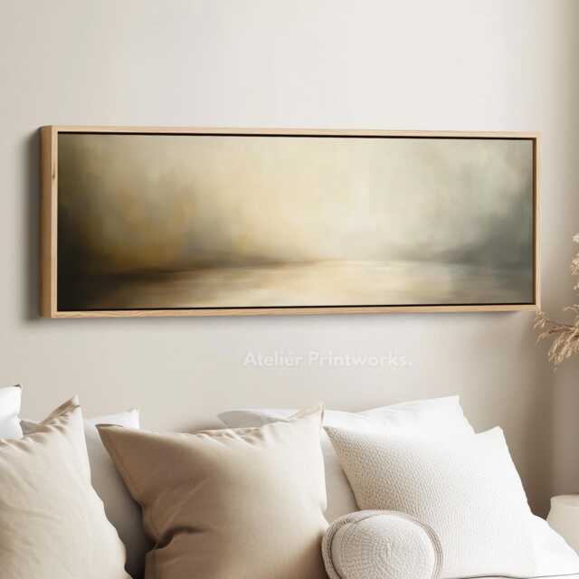 Abstract Beige Long Narrow Wall Art, Horizontal Wall Art, Large Framed ...