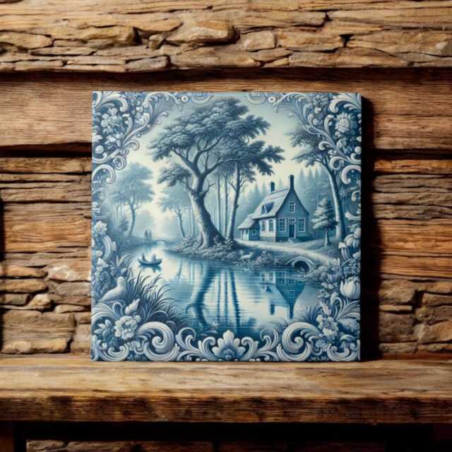 Forest Cabin, Tile, Delft Blue, Blue Kitchen Bathroom Wall Art, Ceramic ...