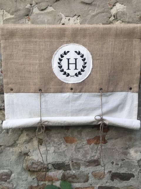 Monogramed Roll Up Curtain Natural Burlap Custom Size Farmhouse Valance ...