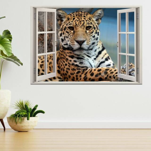Jaguar Leopard Animal Lion Zoo 3D Window View Wall Sticker Poster Decal ...