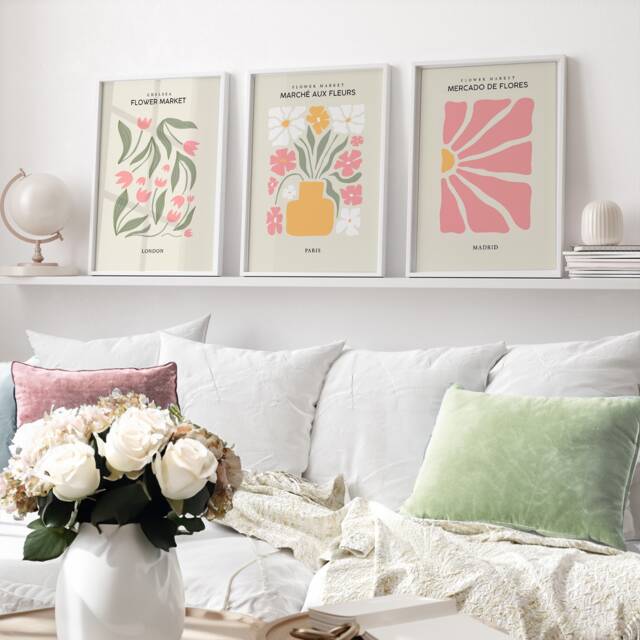 Pastel Prints, Set Of 3, Flower Market Posters, Wall Art, Danish Pastel ...