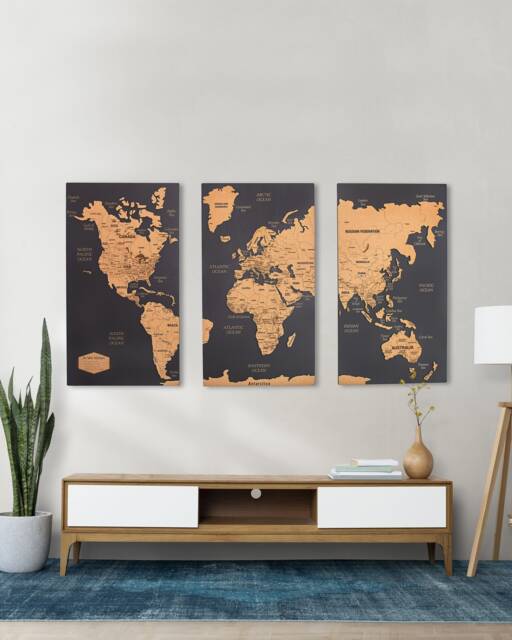3 Panel World Map Wall Art Above Bed Decor, Push Pin Travel Map, Large ...