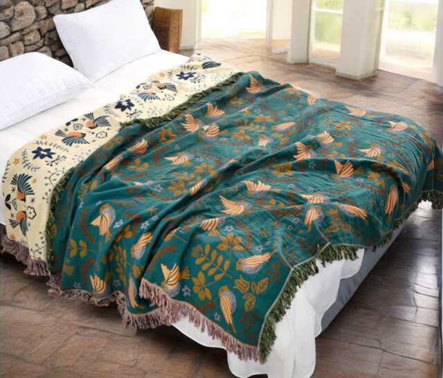Vintage Bird & Floral Throw Blanket, Folk Inspired Design, Sofa Cuddle ...