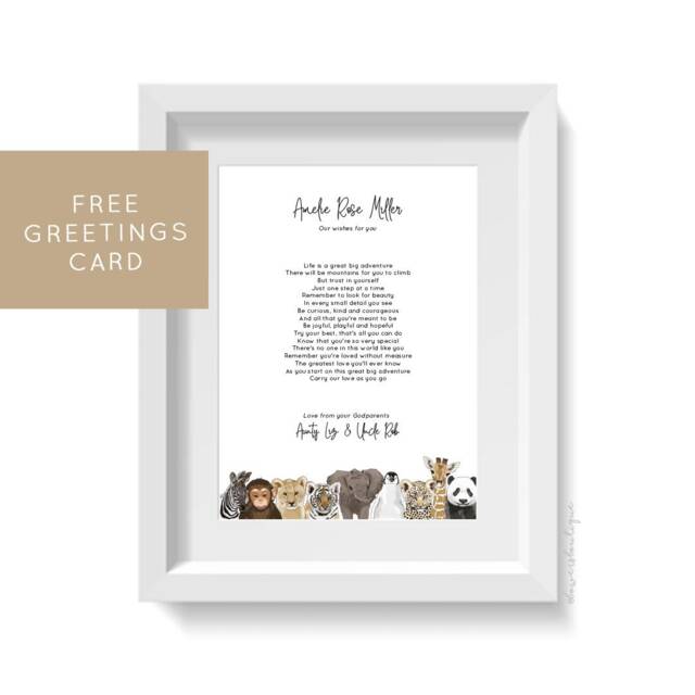Personalised Baby Animal Christening Print From Godparents, Custom Gift ...