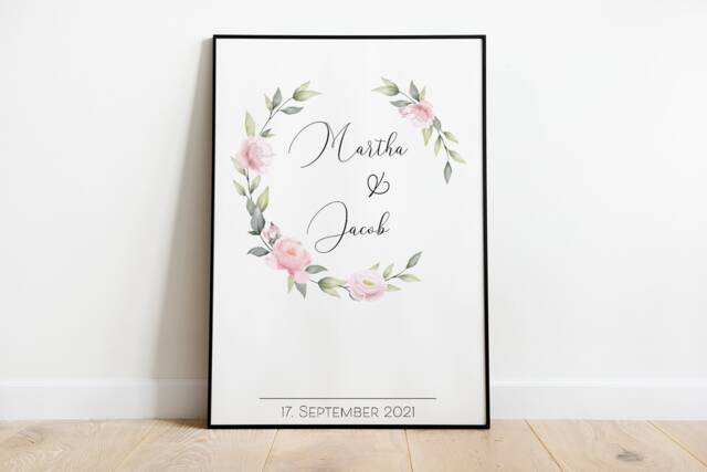 Vintage Floral Wreath - Names Dates Personalized Poster in Pastel ...