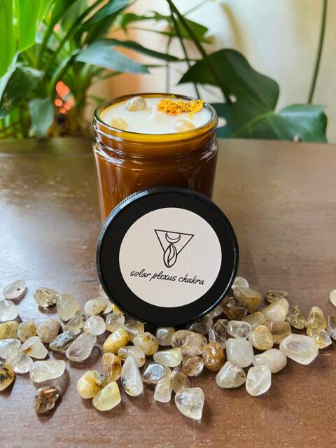Solar Plexus Chakra Crystal Elixir Essential Oil Soy & Coconut Wax Candle With Golden Rutilated ...