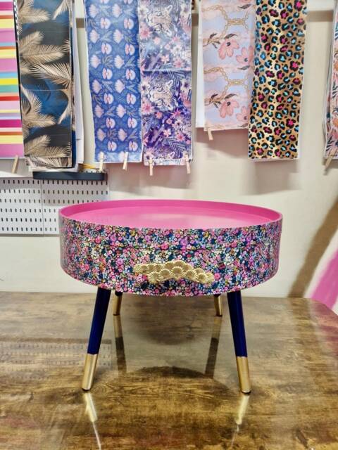 Round Coffee Table , Ditsy Floral, Multicolour Pink Blue & Green Flower ...
