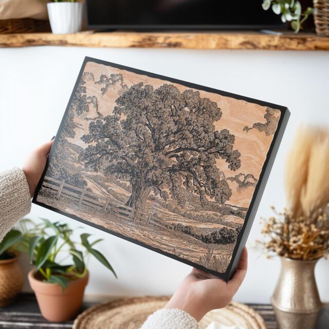 Oak Tree On A Farm Wall Art - Country Inspired Engraved Wood Lithograph ...