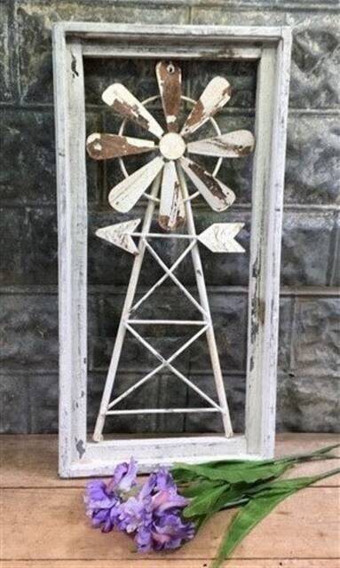 Windmill Wood Metal Window Frame, Rustic Farmhouse Decor, Decor A, White Home Wall Hangin by ...