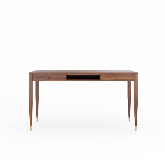 Walnut Office Desk With Two Drawers & Shelf, Mid Century Modern Writing ...