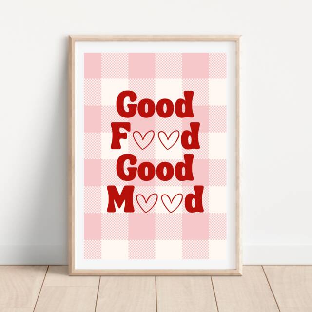Good Food Mood Kitchen Print, Pink & Red Retro Wall Art, Love Hearts ...