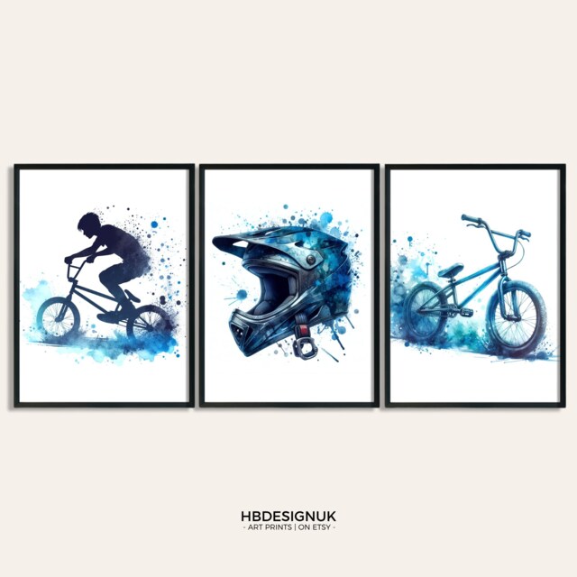 Bmx Bike Poster - Set Of 3 Blue Prints - Posters Bedroom Decor Gift For ...