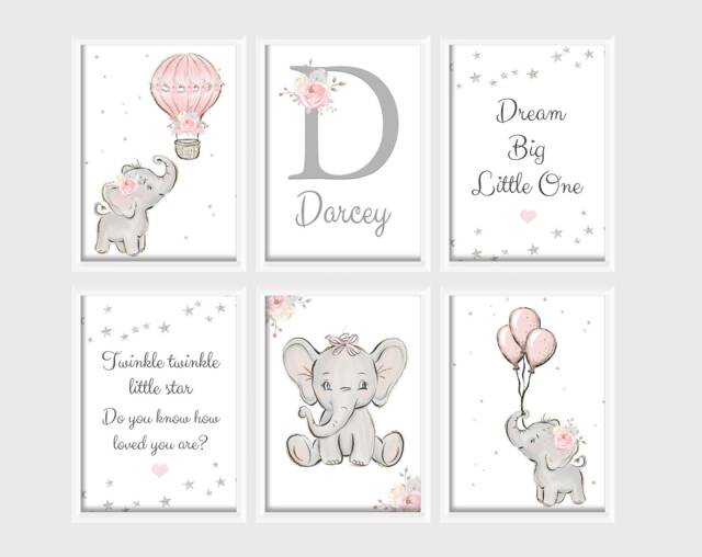 Baby Elephant Girls A4 Or A3 Nursery Set Of 6 Unframed Prints Grey Pink Animal Cloud Stars ...