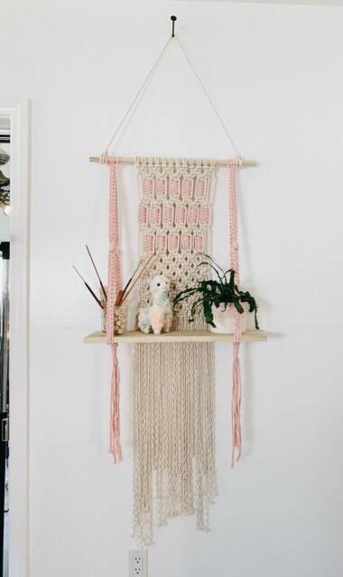 Large Handmade Natural & Pink Macrame Wall Hanging With Shelf ~ Art by ...