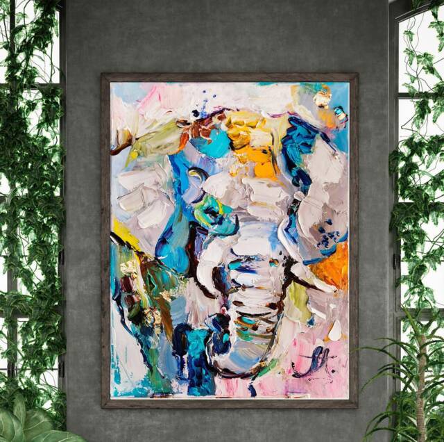Elephant Painting, Animals Blue Wall Decor, Bohemian Art, Dining Room ...