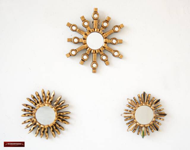 "Gold Small Sunburst Mirror Set 3, Starburst Leaf Accent For Wall Room ...