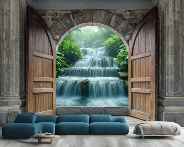 3D Wooden Castle Waterfalls Nature View Gift Art Print Photomural ...