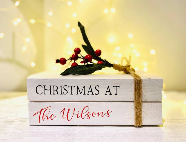 Personalised Christmas Book Stack With Family Name Ornament, Festive ...