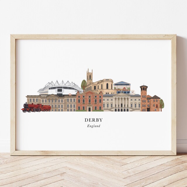 Derby Skyline Print, Hand Drawn Illustrated Poster, Colourful Wall Art ...