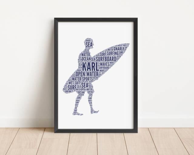 Personalised Male Surfer Print - Custom Word Wall Art Frame Birthday ...