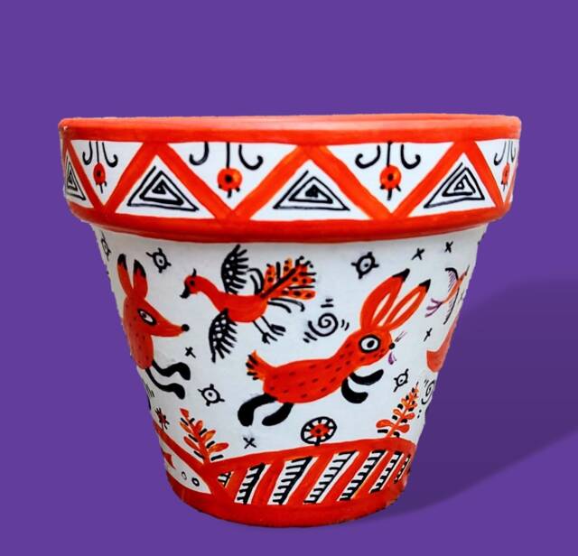 Hand Painted Flower Pot With Drain , Folk Art Green & Red Foxes ...