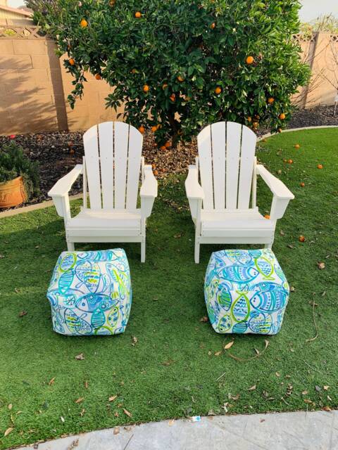 Blue Green & White Indoor/Outdoor Pouf Ottoman, Coastal Decor, Colorful ...