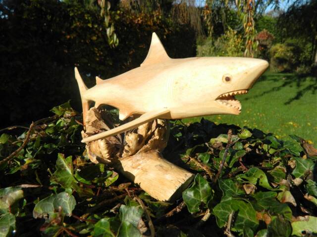 Hand Carved Wooden Shark - Great White On Parasite Wood by Etsy ...