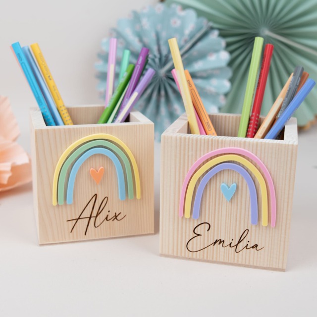 Personalized Wooden Pencil Cup, Rainbow Holder, School Enrollment Gift ...