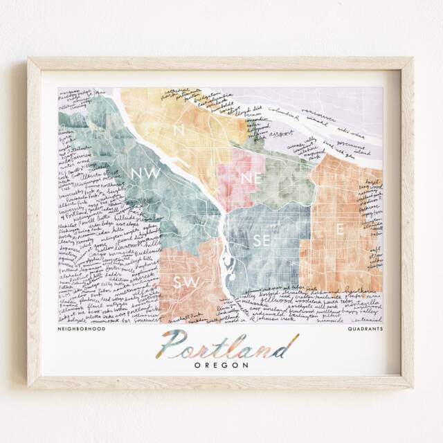 Portland Oregon Neighborhood Quadrant Map - Art Print Watercolor ...