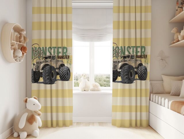 Monster Truck Kids Room Curtain With Stripes, Fun Big Design, Free ...