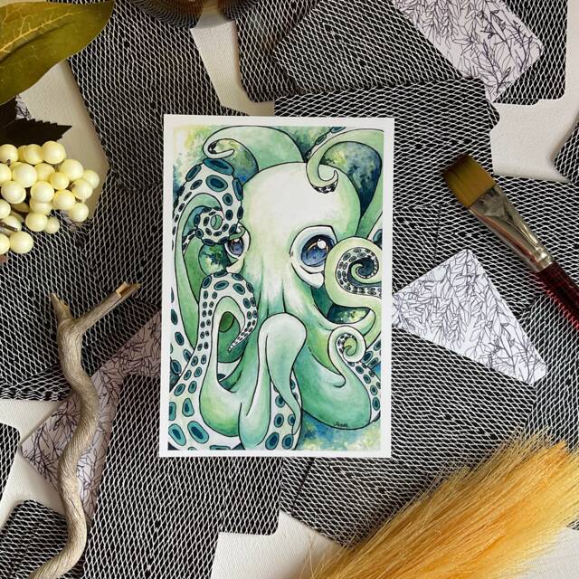 Green Octopus Watercolor Art Print, Ocean Art, Aquatic Wall Decor ...