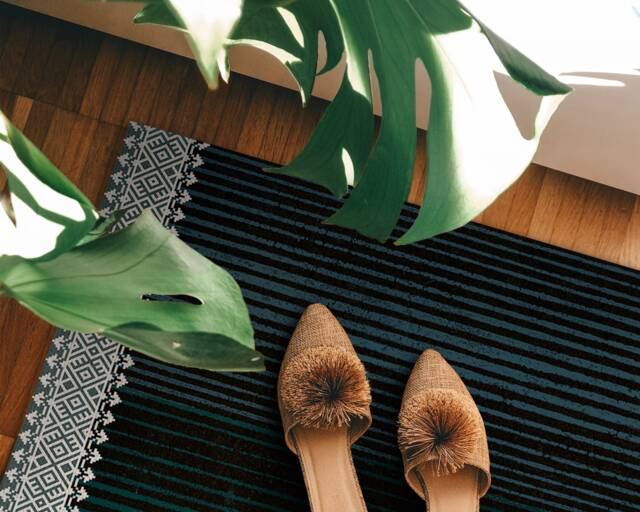 Classic Japanese Textile With Frame Vinyl Mat, White PVC Blue Floor ...