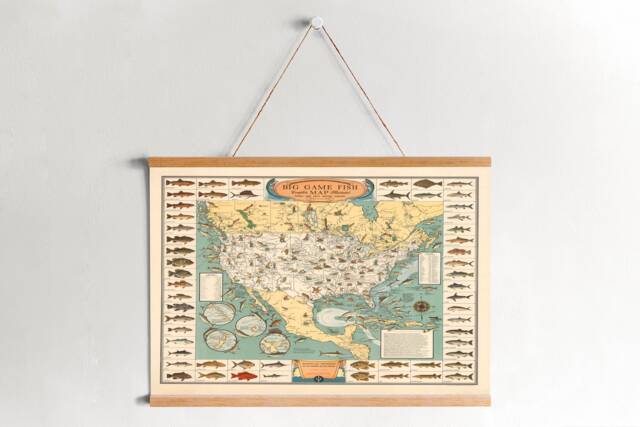 Pictorial Map Of Big Game Fish On Canvas Print With Hanger Frames ...