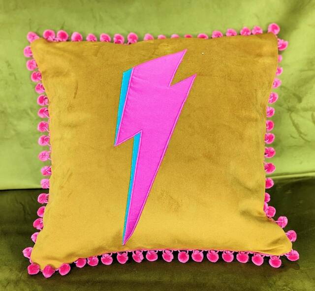 Bowie Lightning Bolt/Flash Luxury Mustard Yellow Velvet Cushion, Ziggy Cushions With Pink Or Red ...