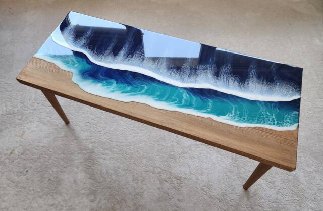 Natural Ocean Wave Blue Resin Beach Side Table, Wooden Sea Themed ...