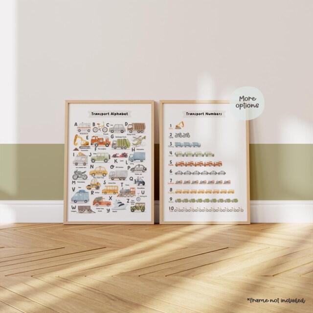 Set Of 2, Personalised, Transport Alphabet Prints, Numbers, Vehicles ...